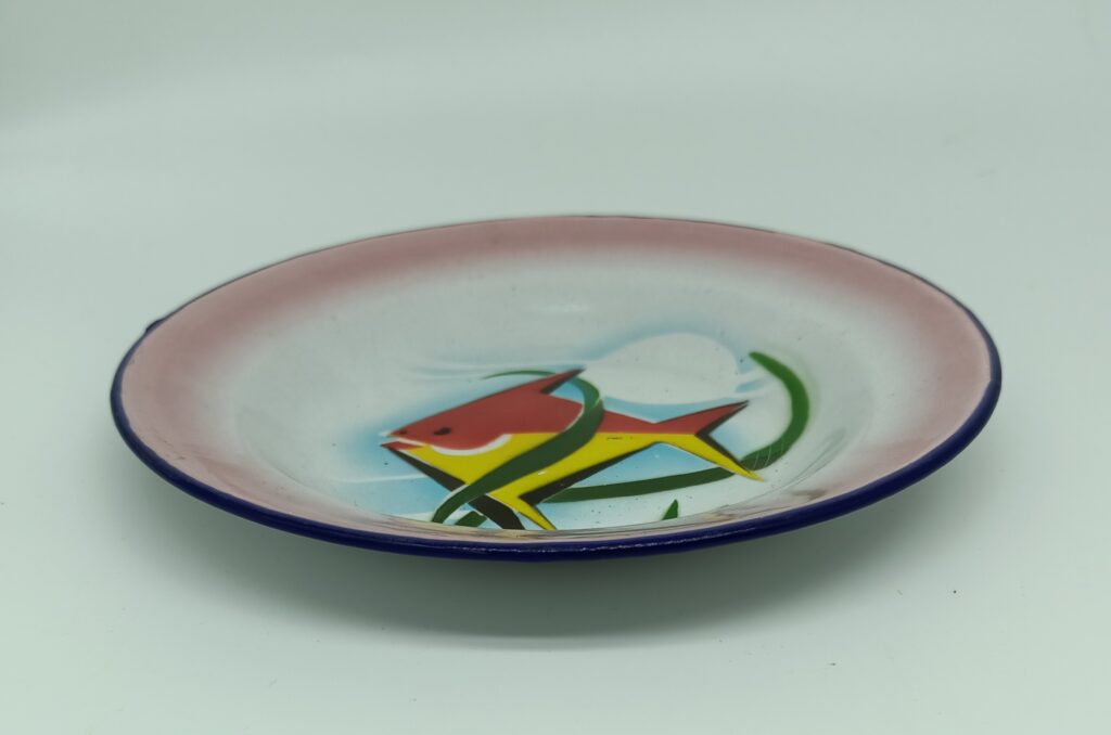 Fish Design Plate with Blue Rims Enamel - Singapore Pickers